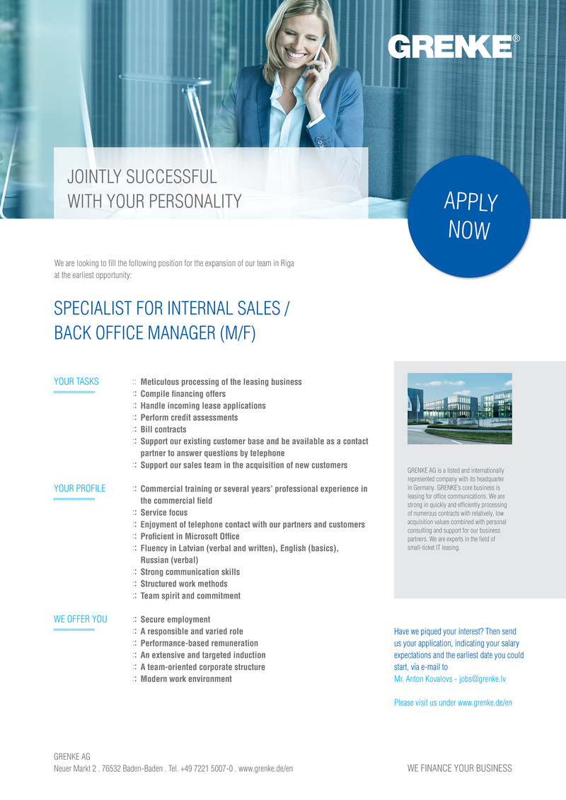 Specialist for internal sales/back office manager, 2018-07-06